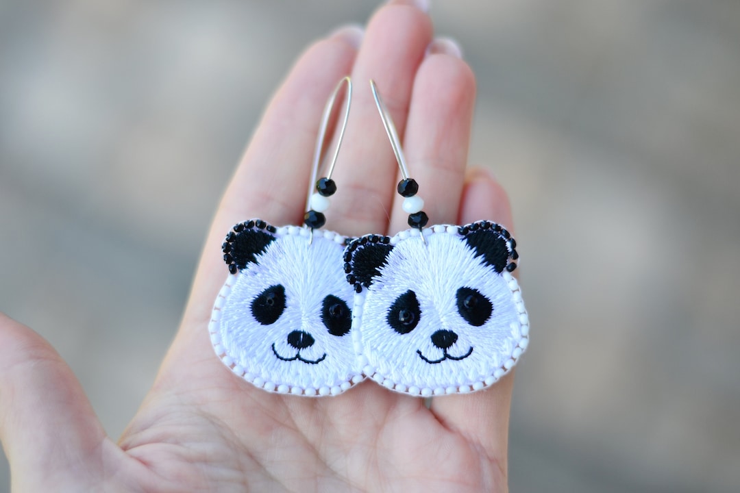 Panda Earrings, Embroidered Earrings, Animal Dangle Earrings, Black ...
