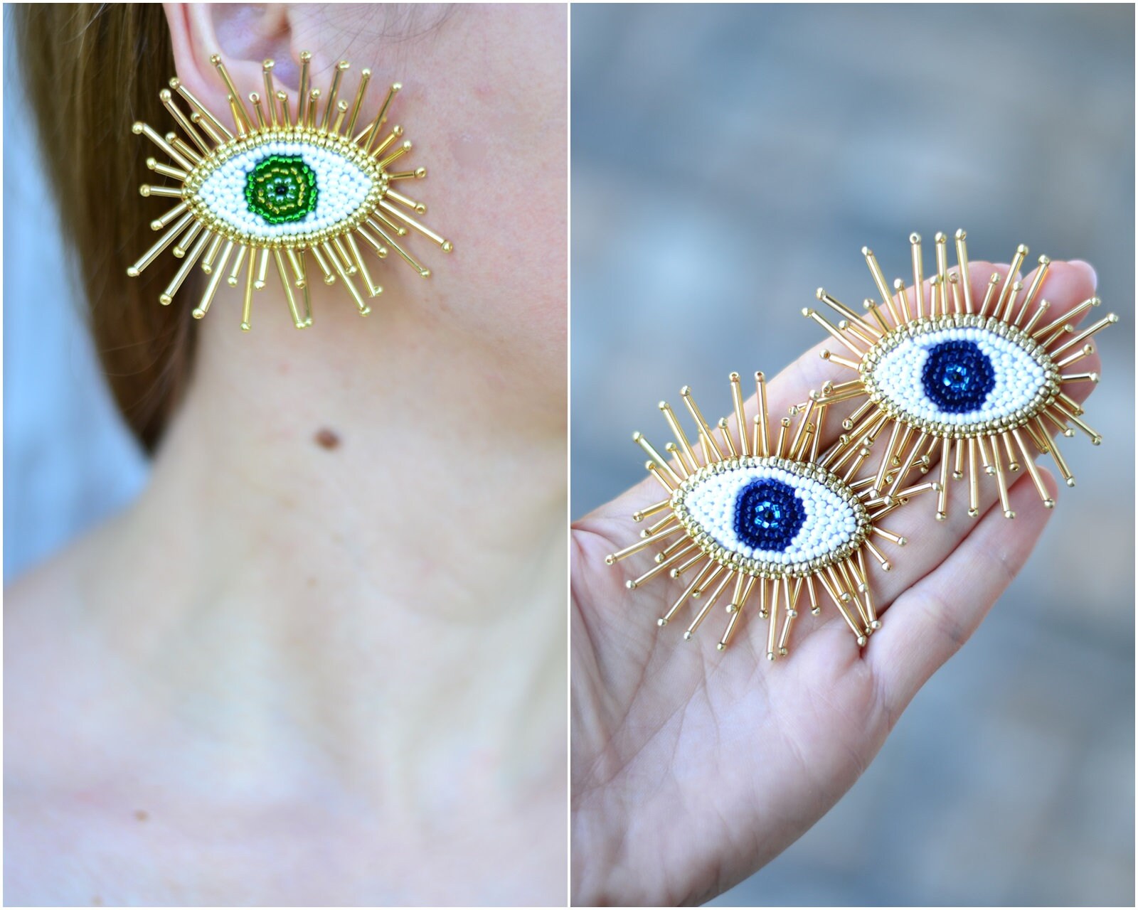 Chunky Evil Eye Beaded Stud Earrings Gold Blue Green Eye - Etsy