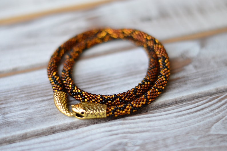 Snake Necklace Beaded Brown Gold Python Animal Long Lariat - Etsy
