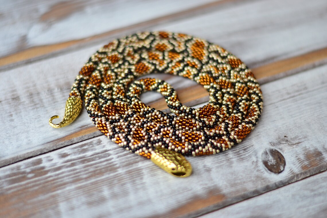 Snake Necklace Beaded Brown Gold Python Animal Long Lariat - Etsy
