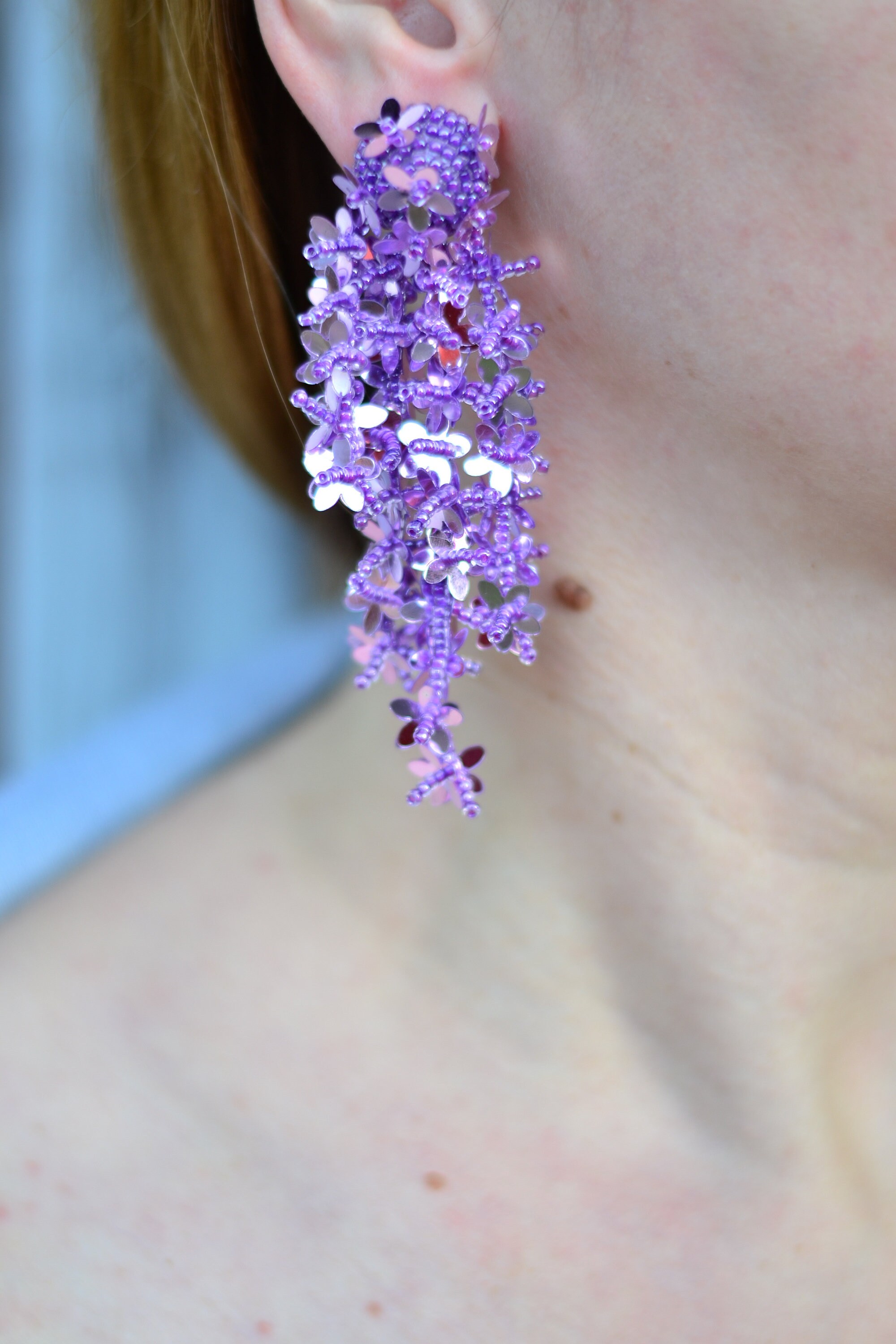 Floral Drop Sequins Earrings Lavender Purple Amethyst Violet - Etsy