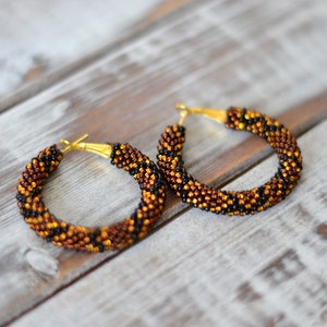 Snake Earrings Beaded Python Hoop Earrings Green Gold Brown Serpent ...