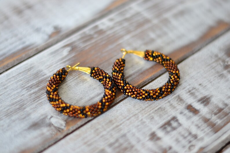Snake Earrings Beaded Python Hoop Earrings Green Gold Brown - Etsy
