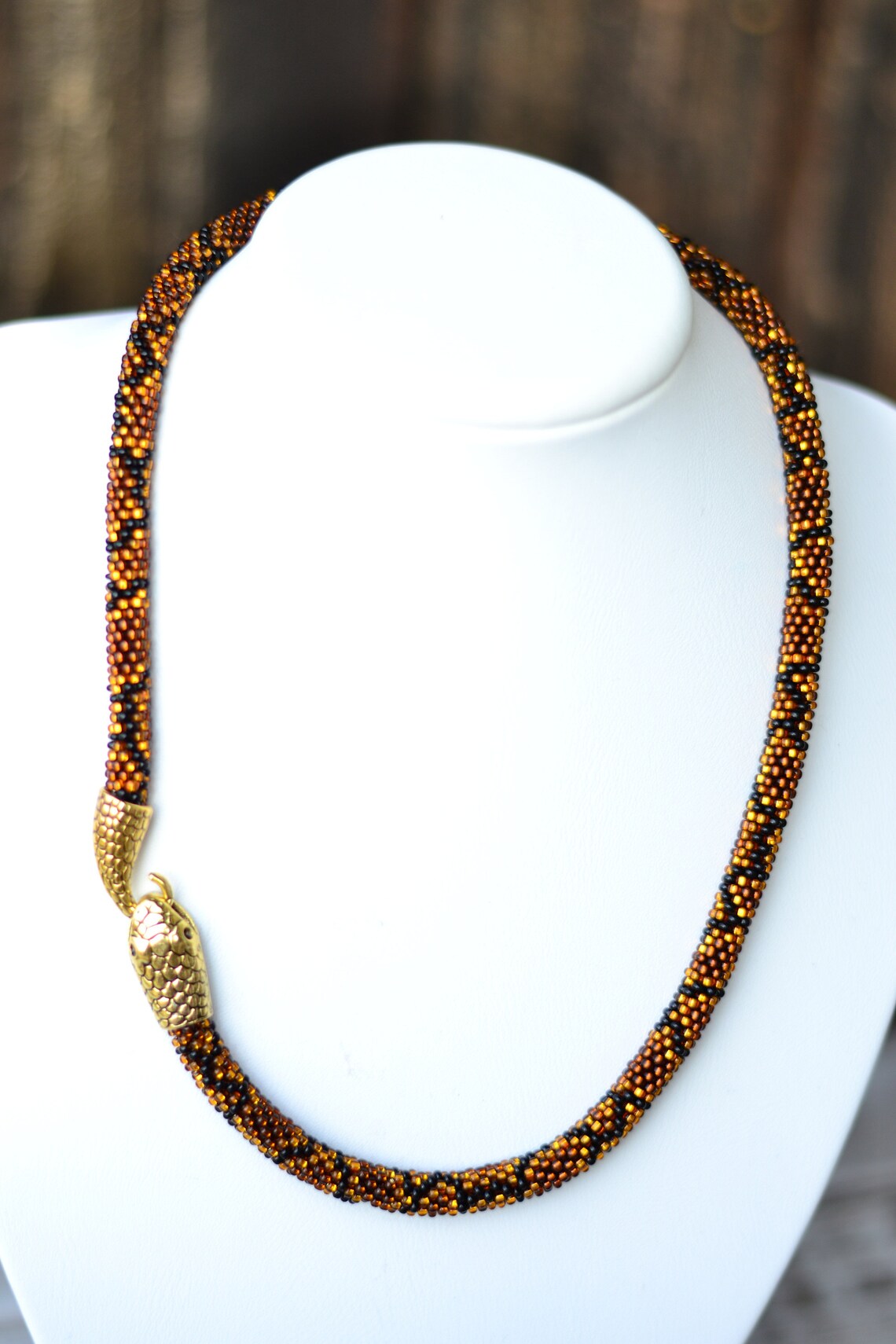 Snake Necklace Beaded Brown Gold Python Animal Long Lariat - Etsy
