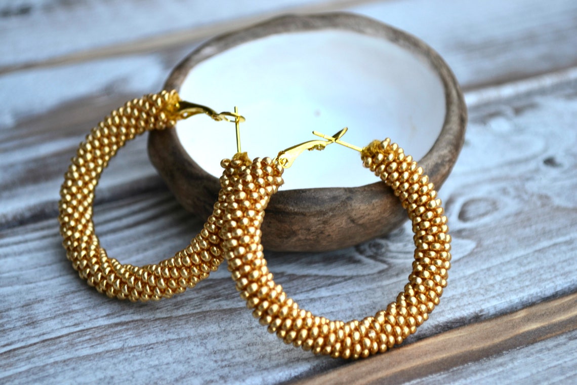 Beaded gold hoop earrings | Etsy