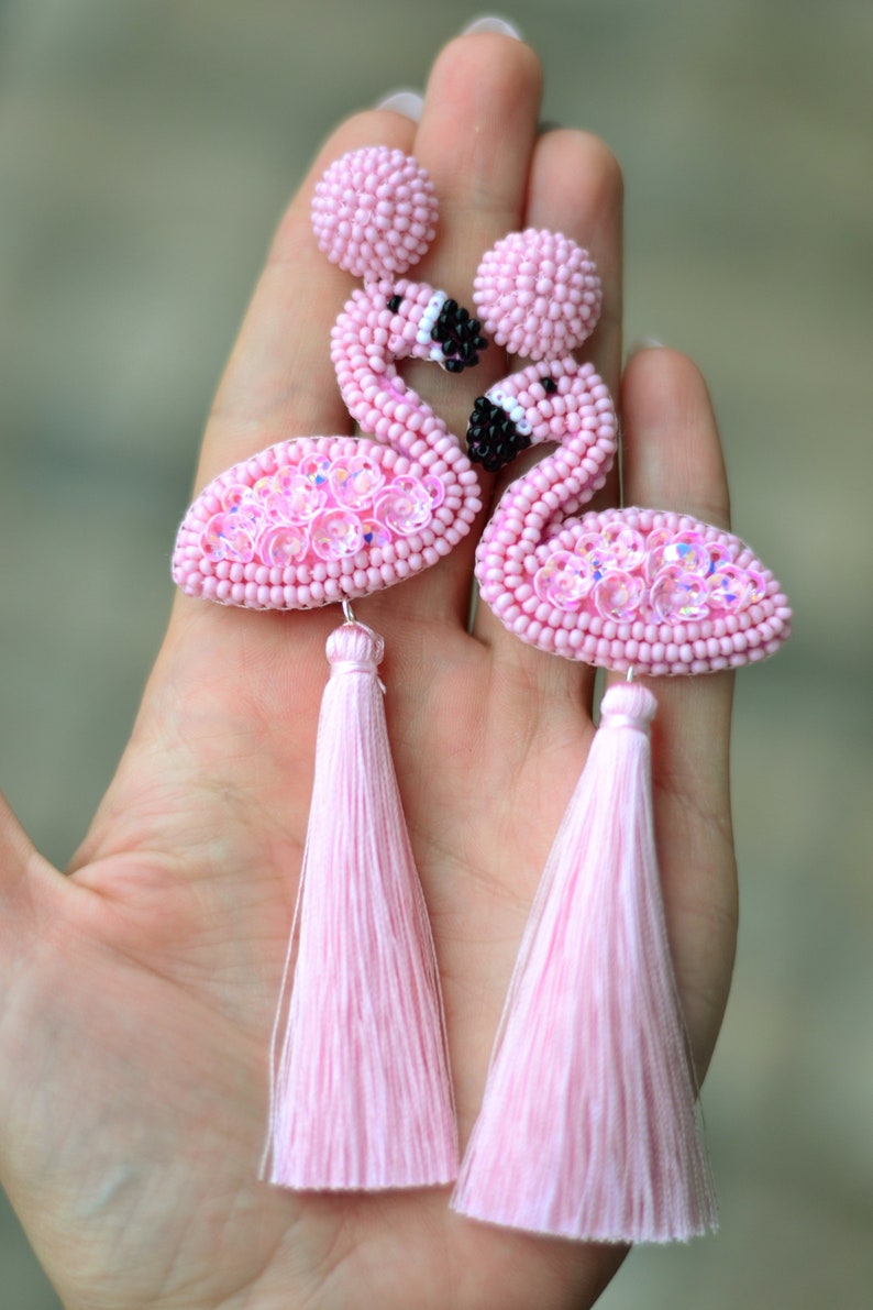Beaded Flamingo Tassel Earrings - Etsy