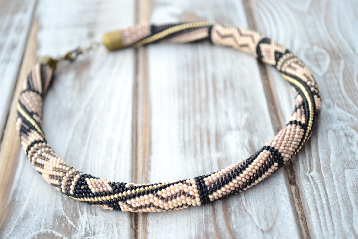 Bead crochet rope necklace. Brown beige black patchwork | Etsy
