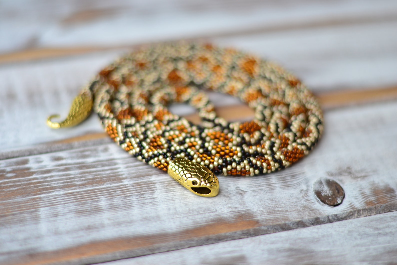 Snake Necklace Beaded Brown Gold Python Animal Long Lariat - Etsy