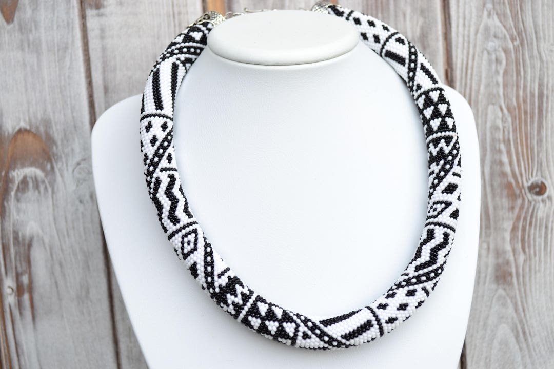 Chunky Black & White Beaded Crochet Necklace: Modern Statement ...