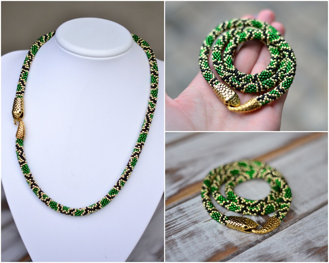 Green Gold Snake Serpent Necklace Beaded Python Animal Long Lariat ...
