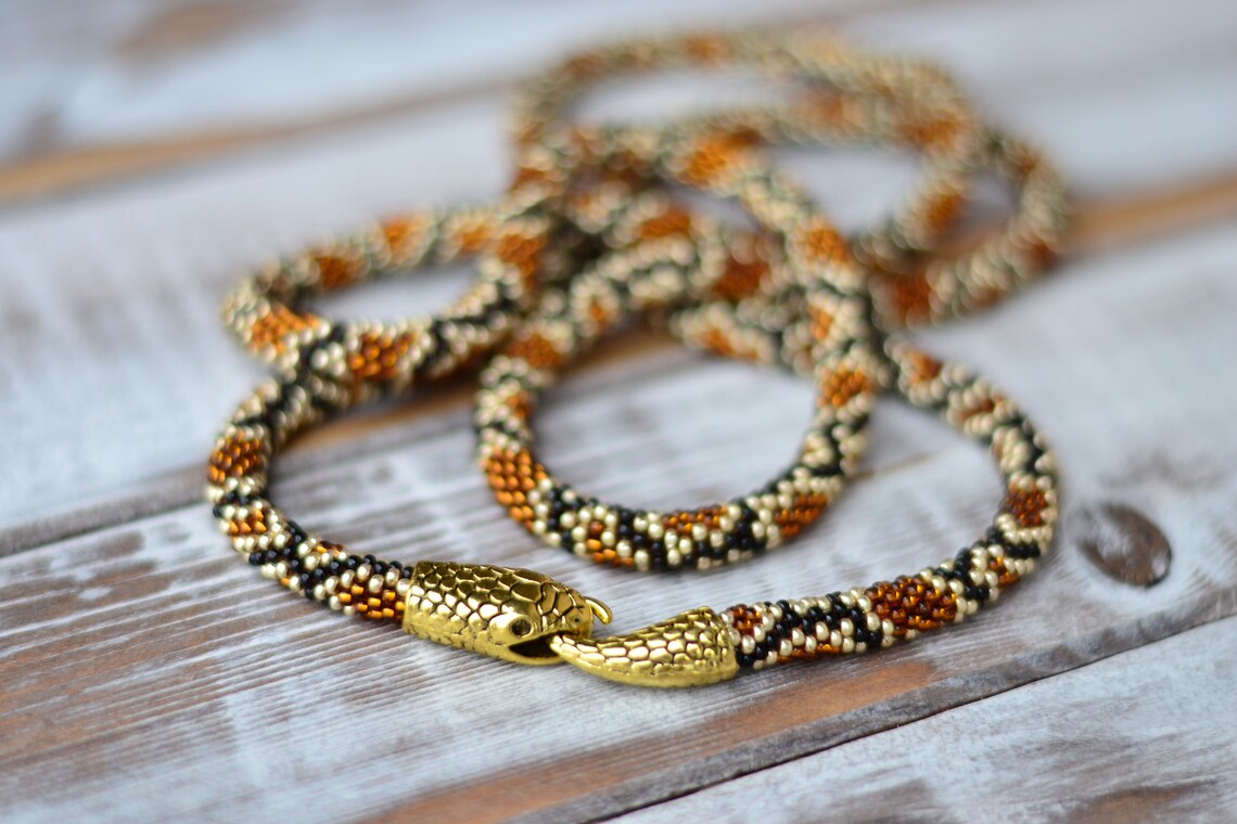 Snake Necklace Beaded Brown Gold Python Animal Long Lariat - Etsy