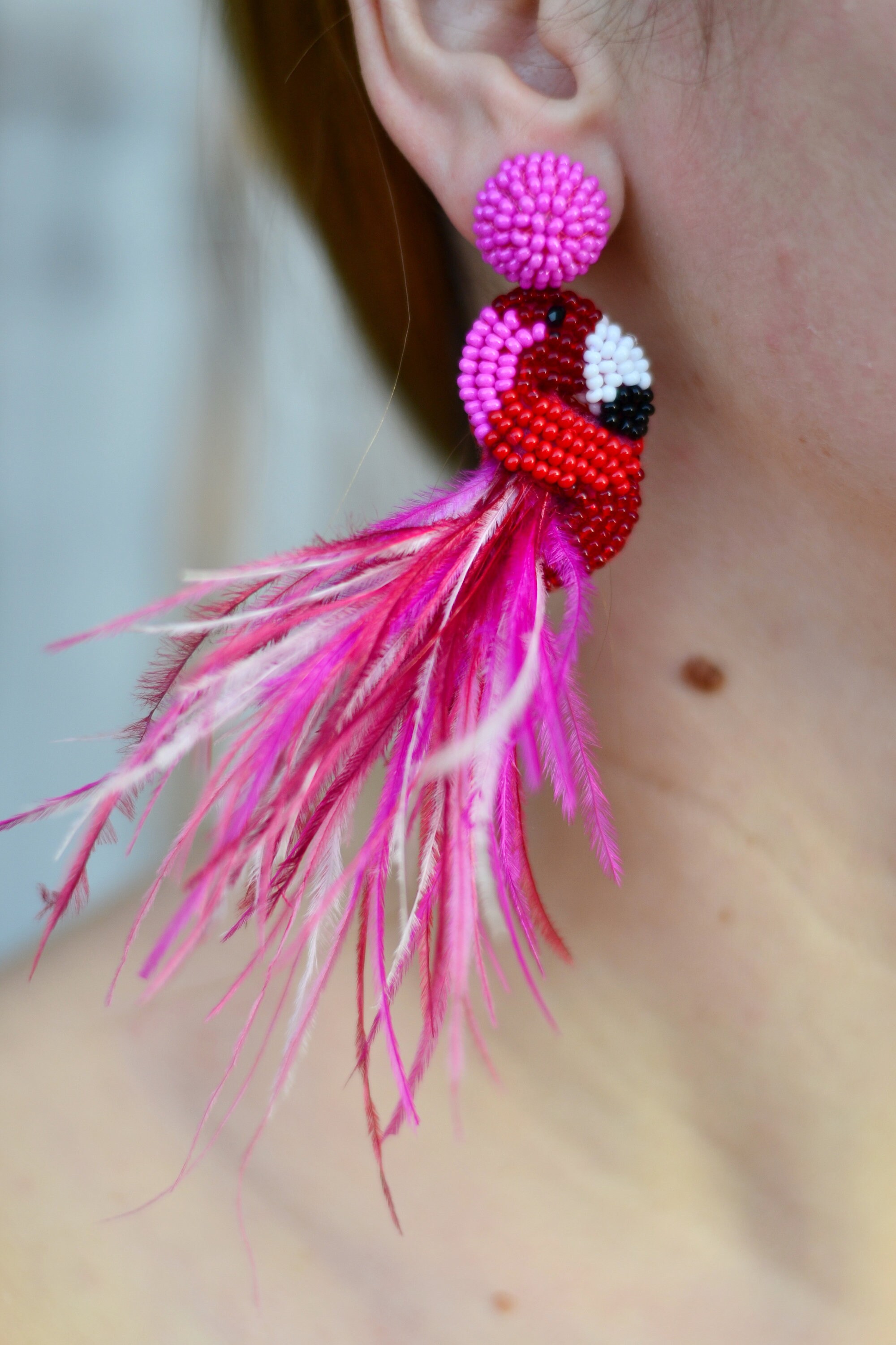 Flamingo Earrings Hot Pink Red Beaded Bird Jewelry Statement | Etsy