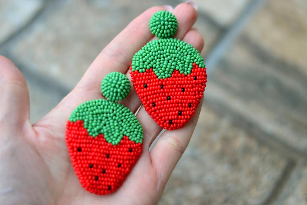 Beaded Strawberry Earrings Embroidered Fruit Jewelry Statement - Etsy