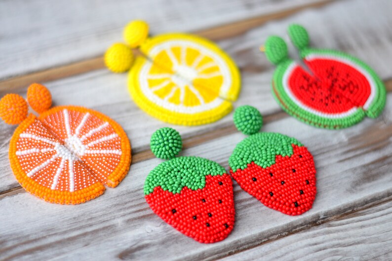 Beaded strawberry earrings Embroidered fruit jewelry Statement | Etsy
