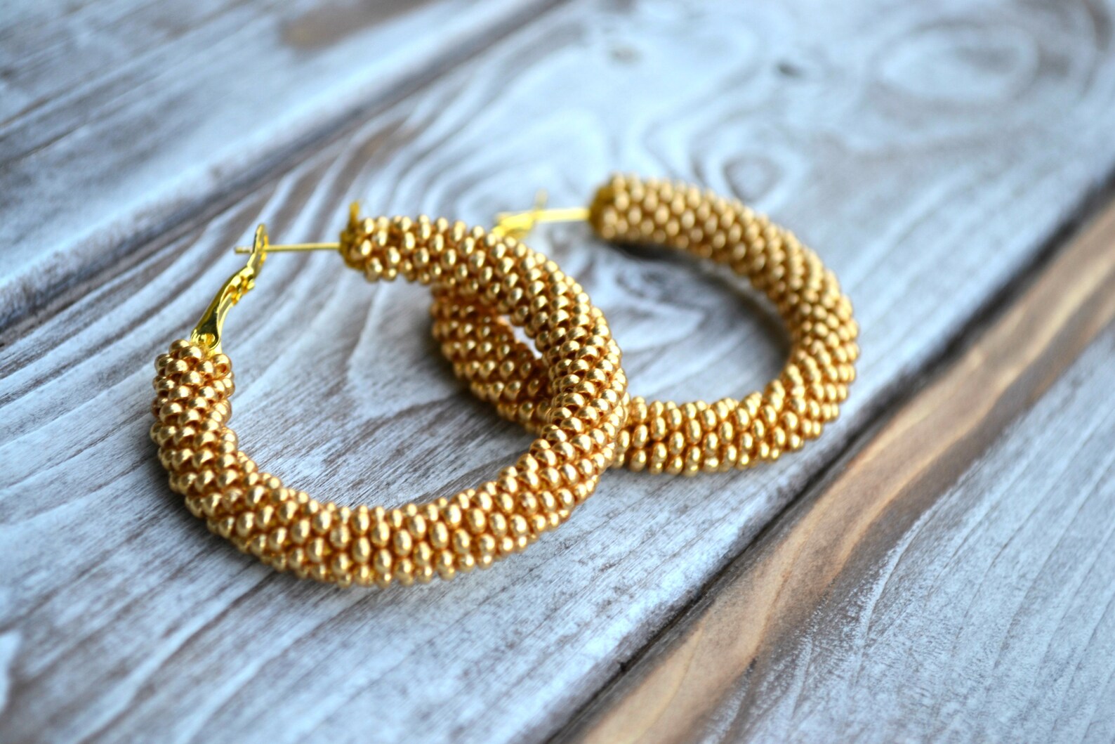 Beaded gold hoop earrings | Etsy