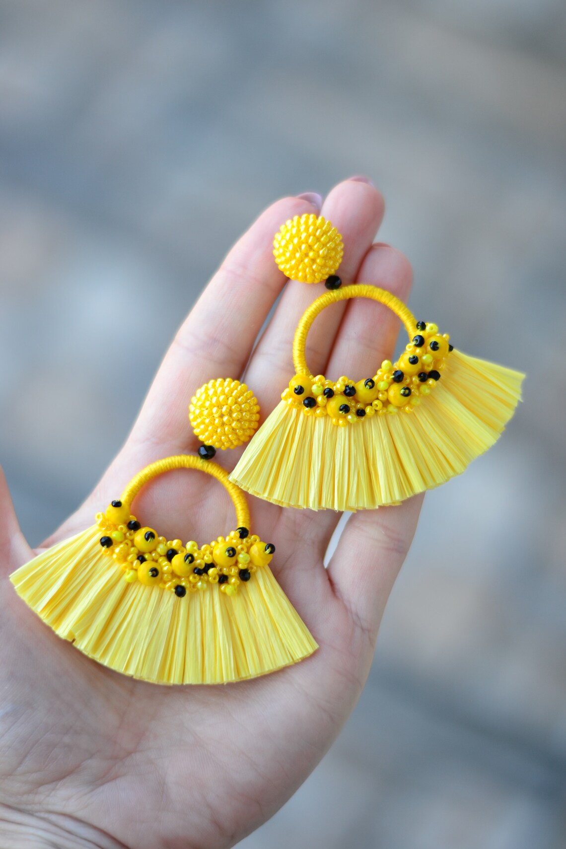 Raffia Fringe Hoop Earrings Yellow Black Statement Beaded Drop - Etsy