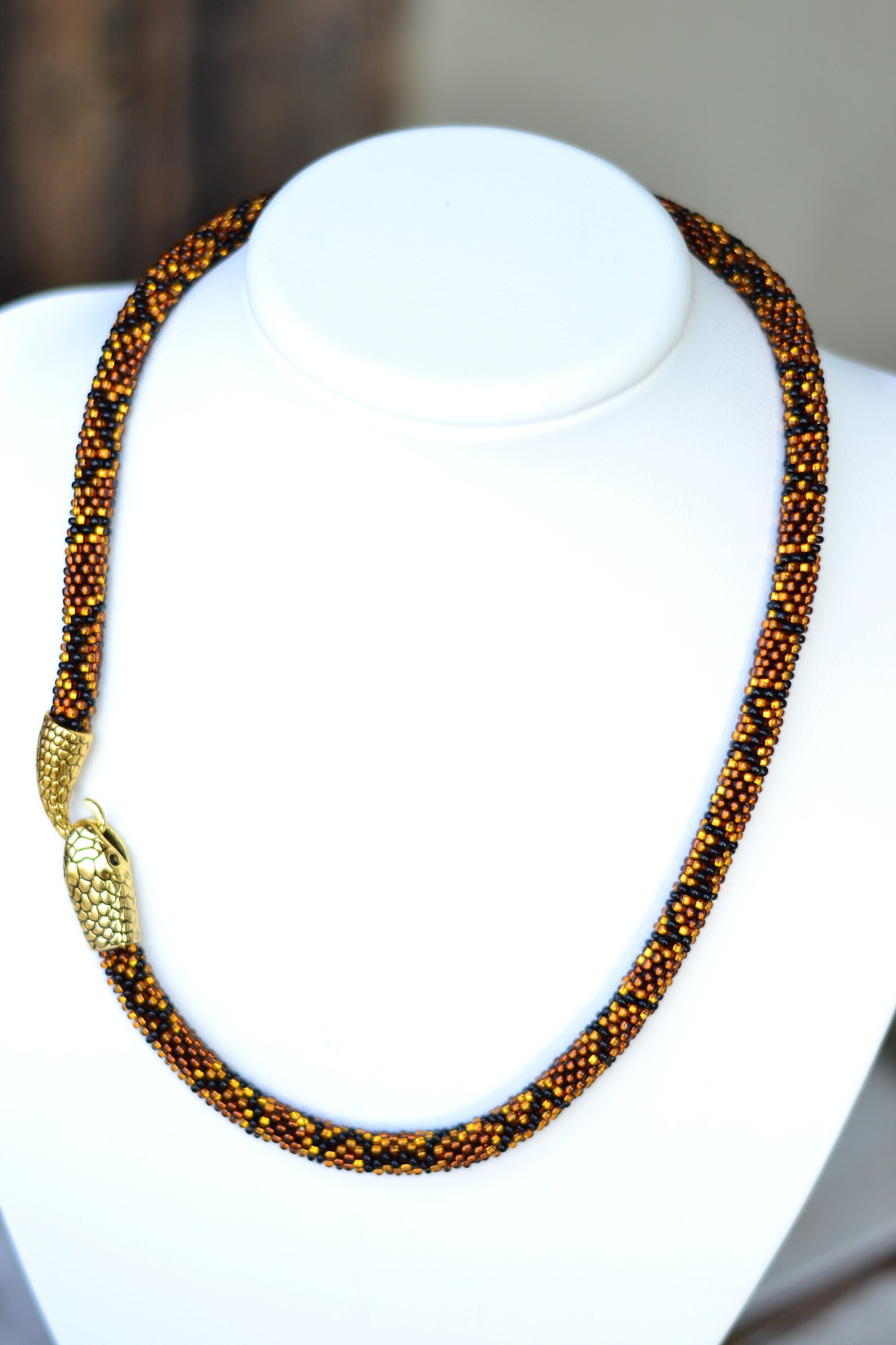 Snake Necklace Beaded Brown Gold Python Animal Long Lariat - Etsy