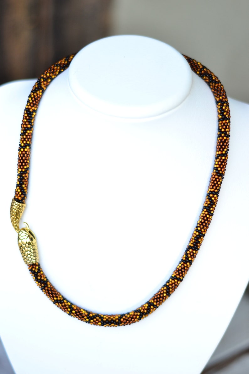Snake Necklace Beaded Brown Gold Python Animal Long Lariat - Etsy