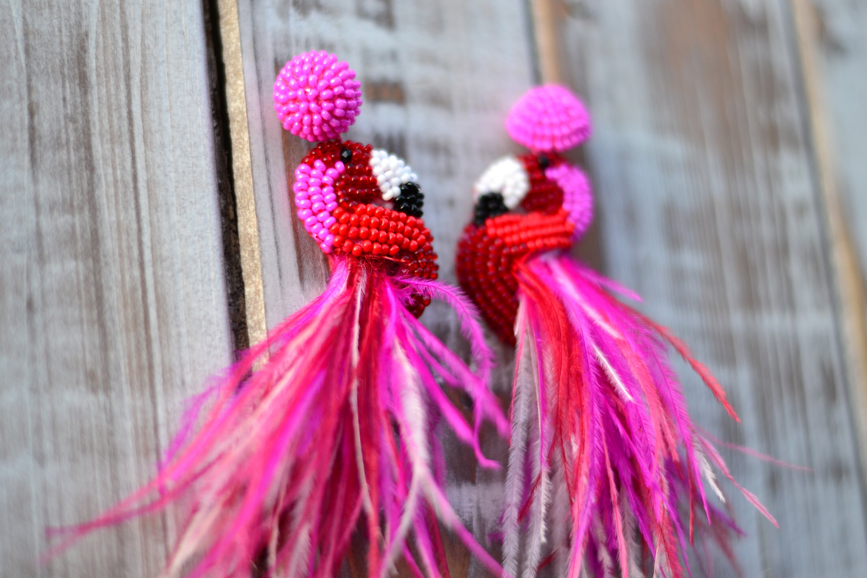 Flamingo Earrings Hot Pink Red Beaded Bird Jewelry Statement | Etsy