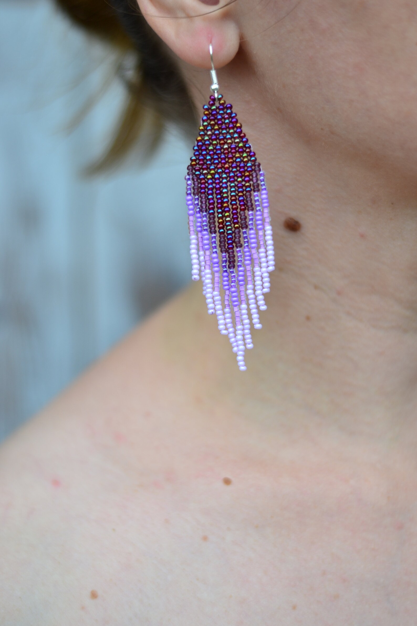 Lavender Lilac Fringe Earrings - Boho Style Purple Beadwork Jewelry ...
