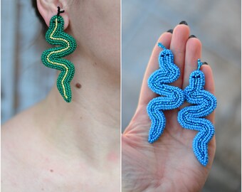 Snake Earrings Beaded Python Hoop Earrings Green Gold Brown | Etsy
