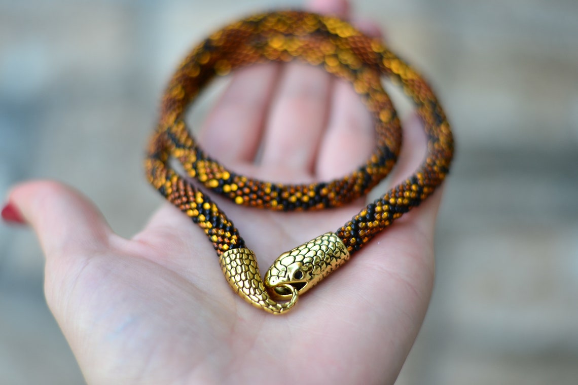 Snake necklace beaded brown gold python animal long lariat | Etsy