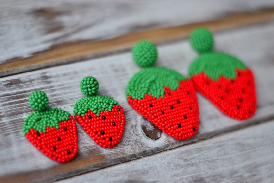 Beaded strawberry earrings Embroidered fruit jewelry Statement | Etsy