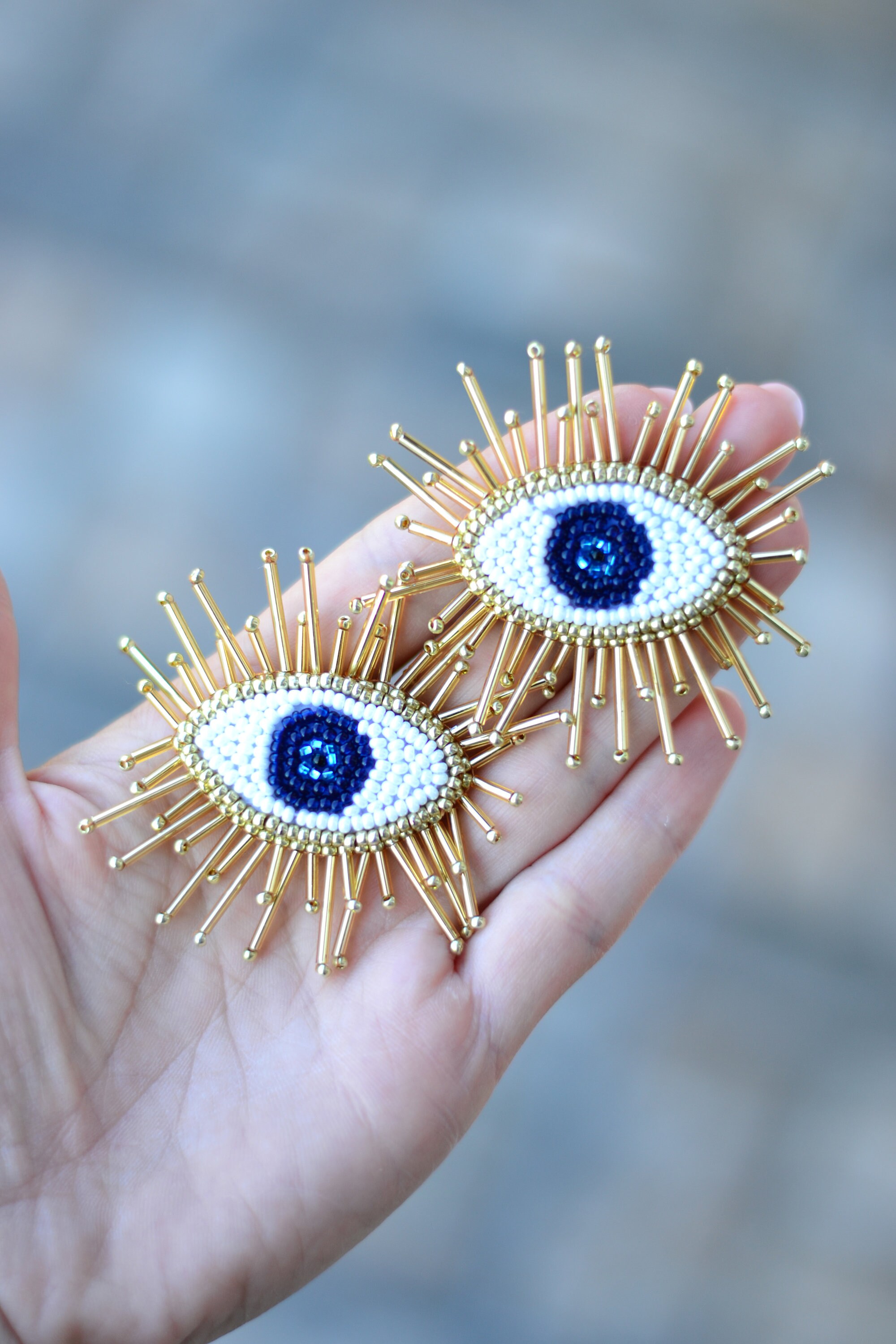 Chunky Evil Eye Beaded Stud Earrings Gold Blue Green Eye - Etsy