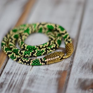 Green Gold Snake Serpent Necklace Beaded Python Animal Long Lariat ...