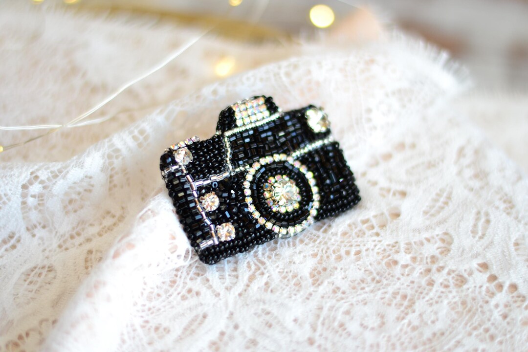Beaded Photo Camera Brooch Pin: Unique Embroidered Crystal ...
