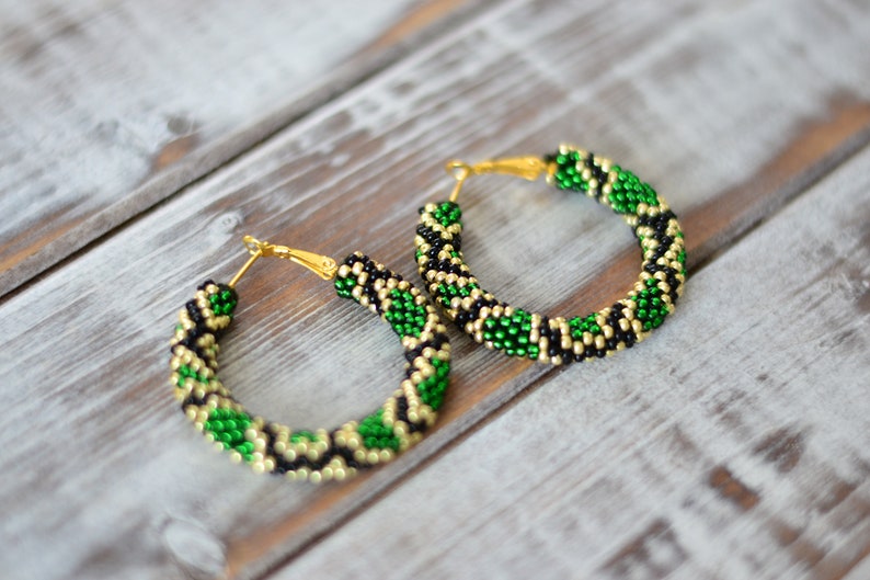 Snake Earrings Beaded Python Hoop Earrings Green Gold Brown - Etsy