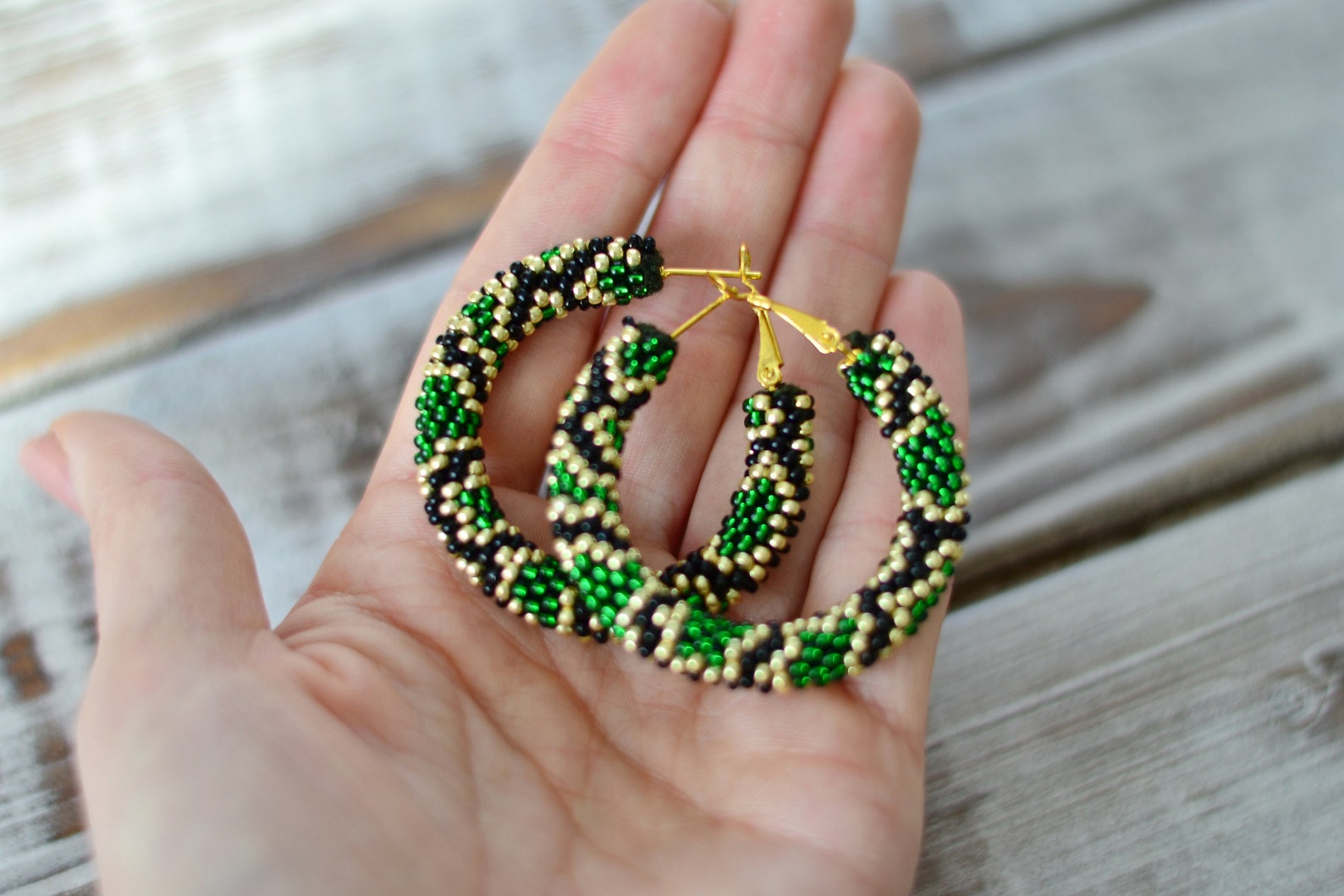 Snake Earrings Beaded Python Hoop Earrings Green Gold Brown - Etsy