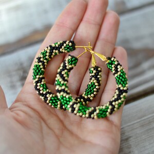 Snake Earrings Beaded Python Hoop Earrings Green Gold Brown Serpent ...