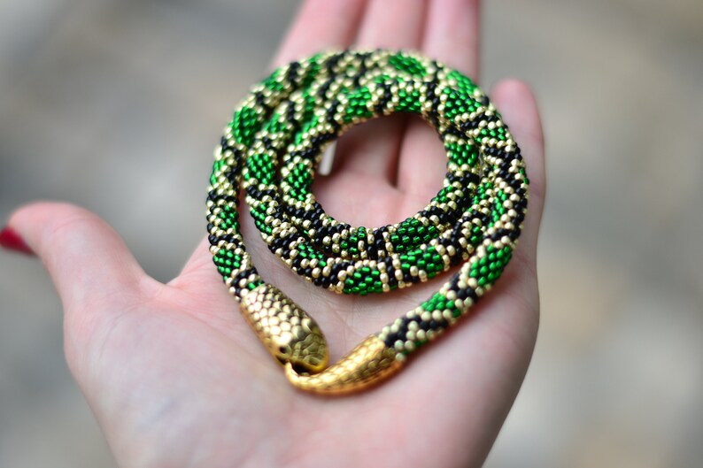 Snake Earrings Beaded Python Hoop Earrings Green Gold Brown - Etsy