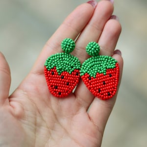 Beaded Strawberry Earrings Embroidered Fruit Jewelry Statement - Etsy