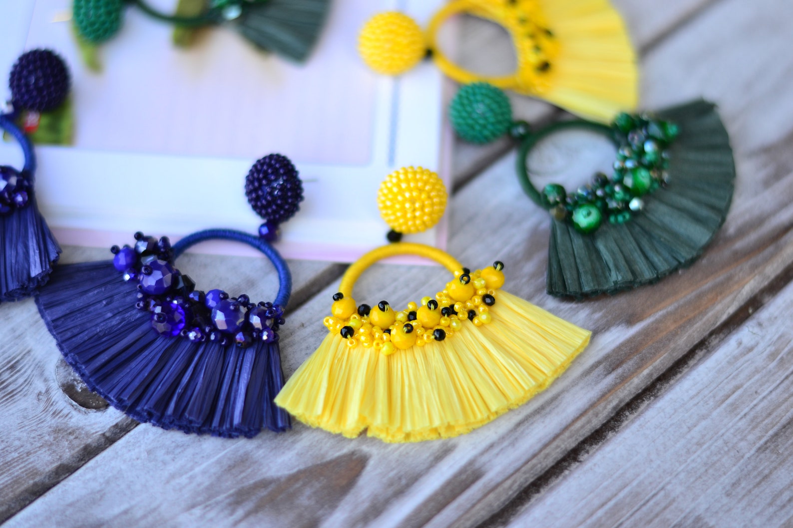 Raffia Fringe Hoop Earrings Yellow Black Statement Beaded Drop - Etsy