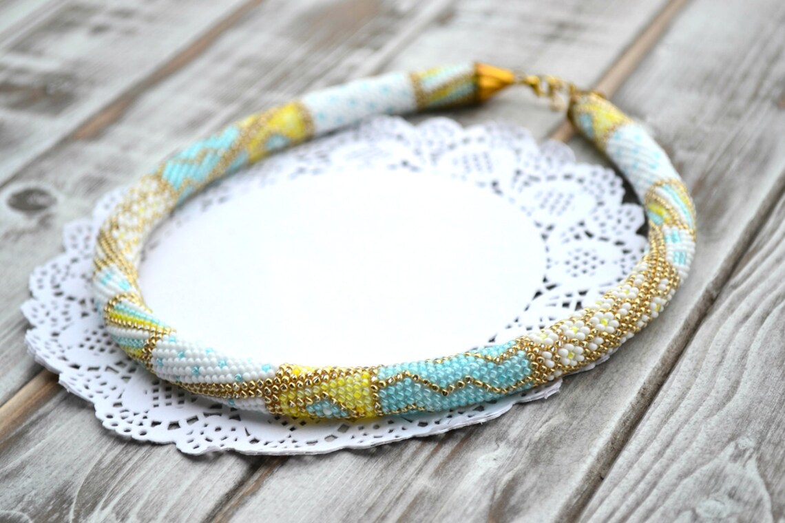 Bead Crochet Rope Necklace Wedding Bridal Turquoise Mint Gold - Etsy