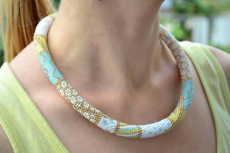 Bead Crochet Rope Necklace: Wedding Bridal Turquoise Mint Gold Yellow ...