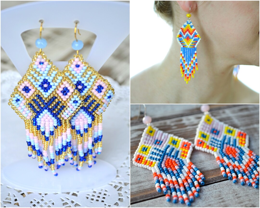 Native American Beaded Fringe Earrings Tribal Statement - Etsy