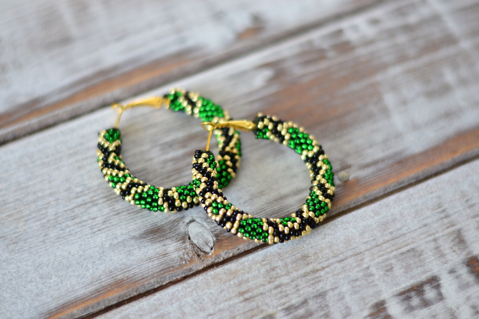 Snake Earrings Beaded Python Hoop Earrings Green Gold Brown - Etsy