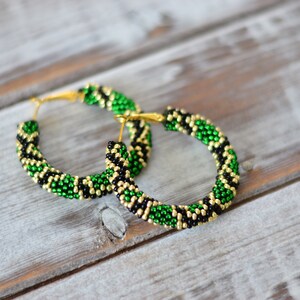Snake Earrings Beaded Python Hoop Earrings Green Gold Brown Serpent ...