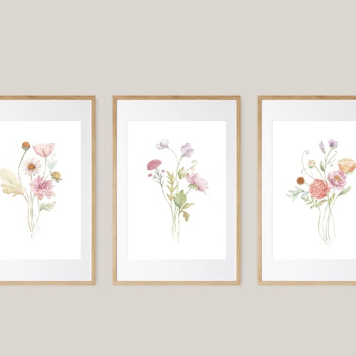 Watercolor Botanical Print Set of 3 Spring Flowers Prints - Etsy