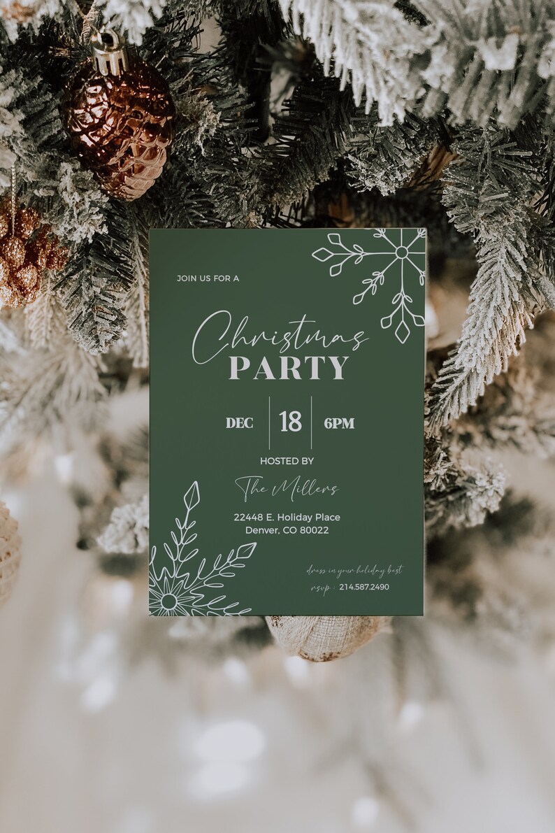 Editable Green Christmas Party Invitation: Snowflake Holiday Invite ...
