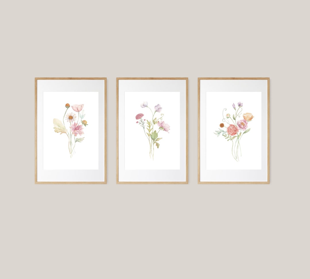 Watercolor Botanical Print Set of 3, Spring Flowers Prints, Watercolor ...