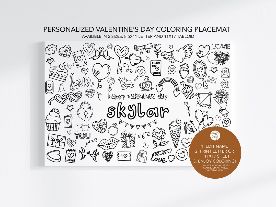 Valentine's Day Coloring Placemat, Personalized Coloring Activity, Kid ...