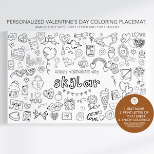 Valentine's Day Coloring Placemat, Personalized Coloring Activity, Kid ...