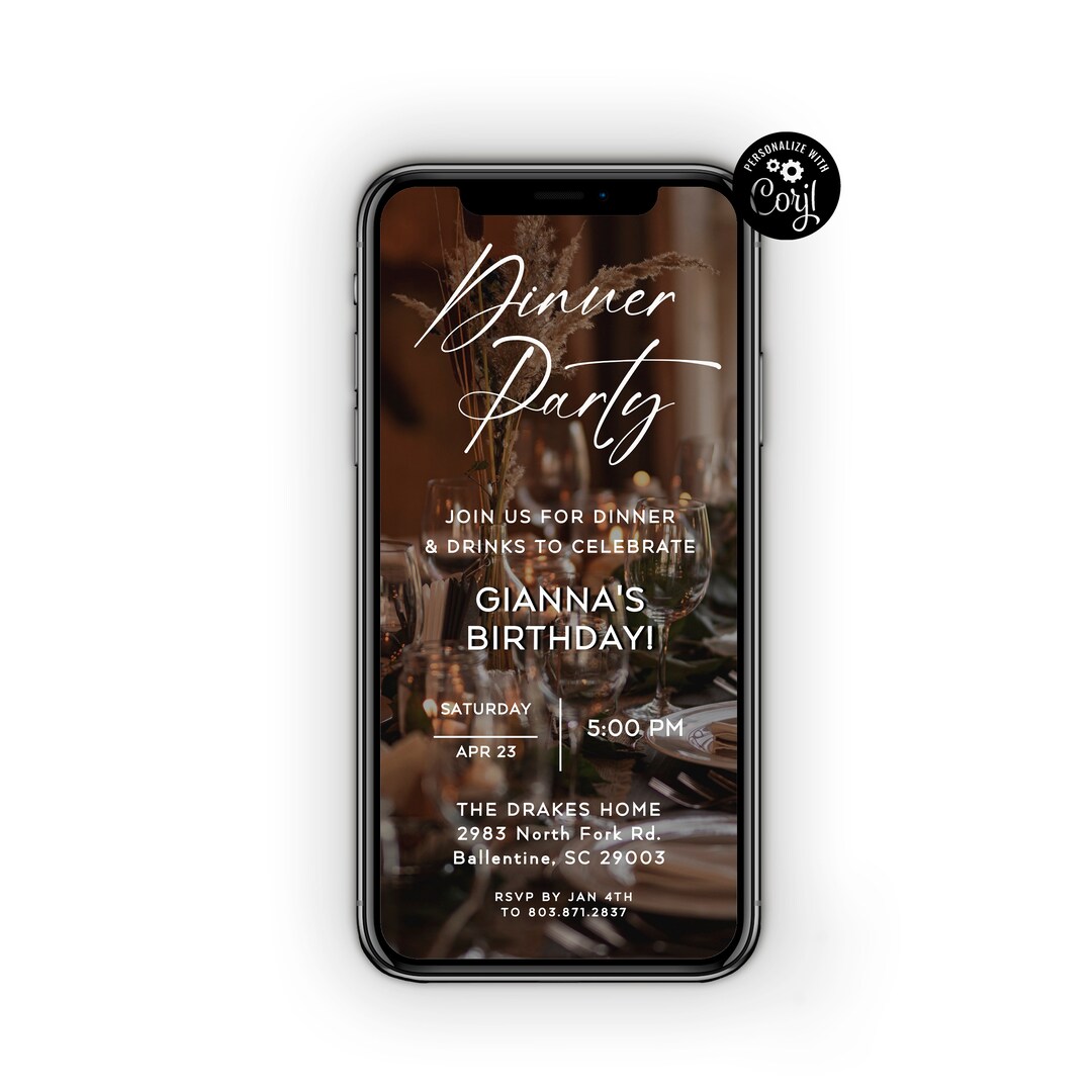 Dinner Party Phone Invitation Template, Electronic Invite, Paperless ...