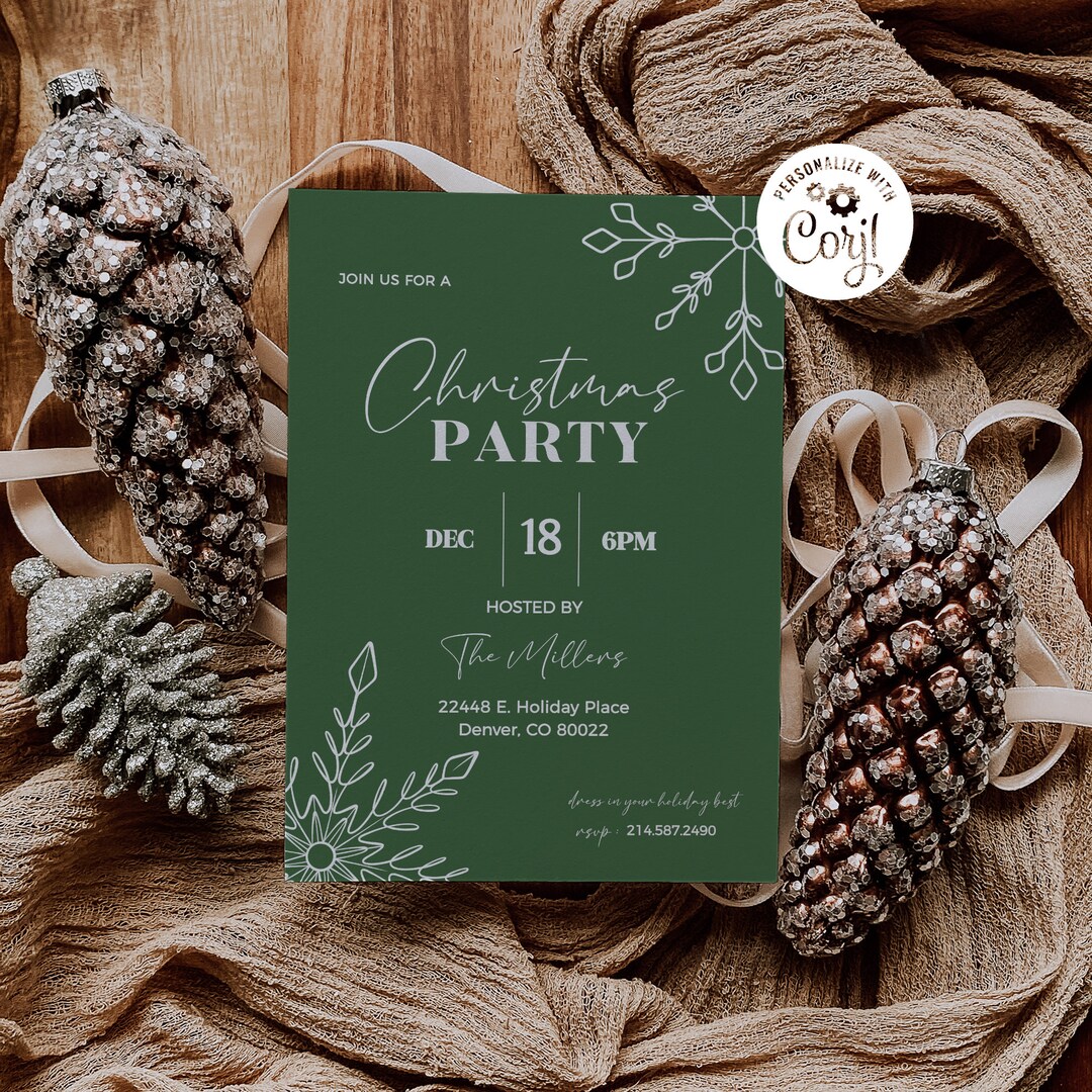 Editable Green Christmas Party Invitation: Snowflake Holiday Invite ...
