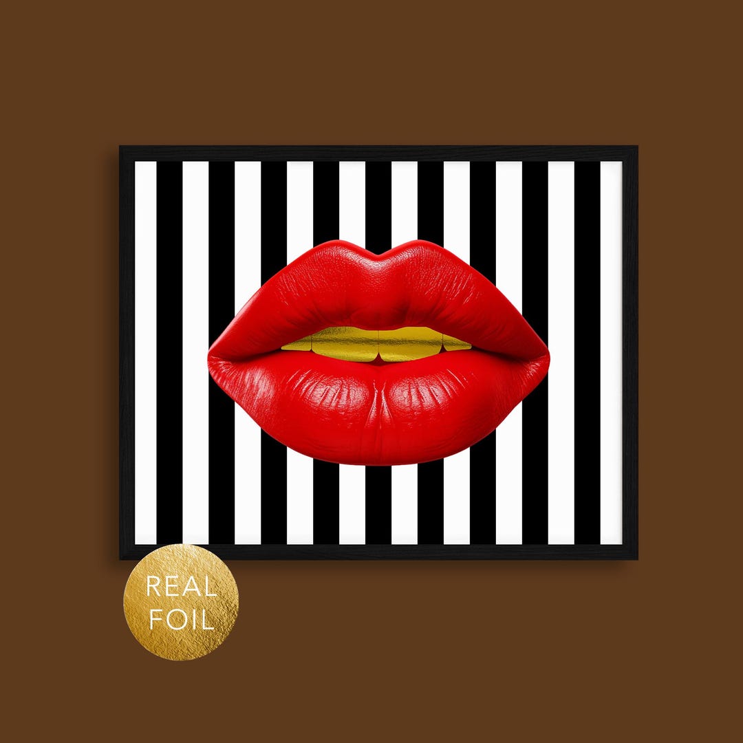 Red Lips Gold Grillz Foil Print: Black and White Stripes Fashion Poster ...