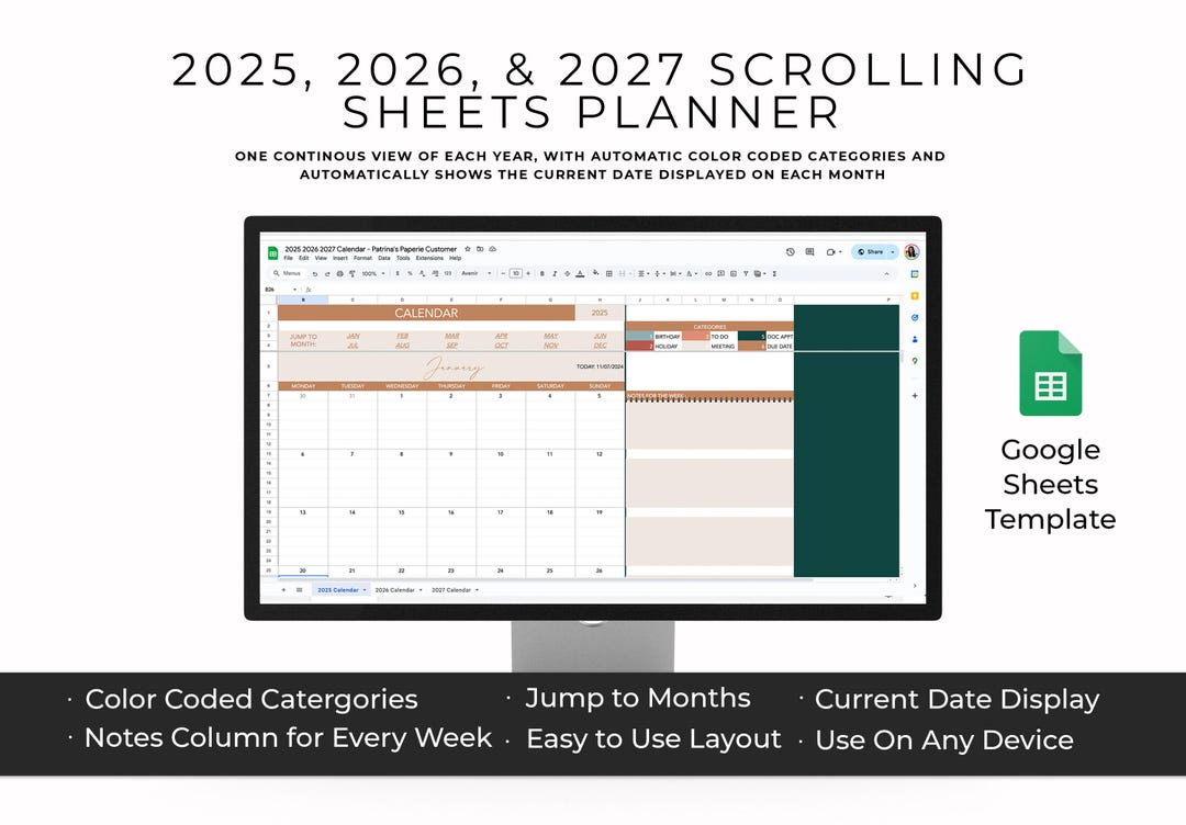 2025-2027 Google Sheets Planner: Continuous Scroll Calendar (digital ...